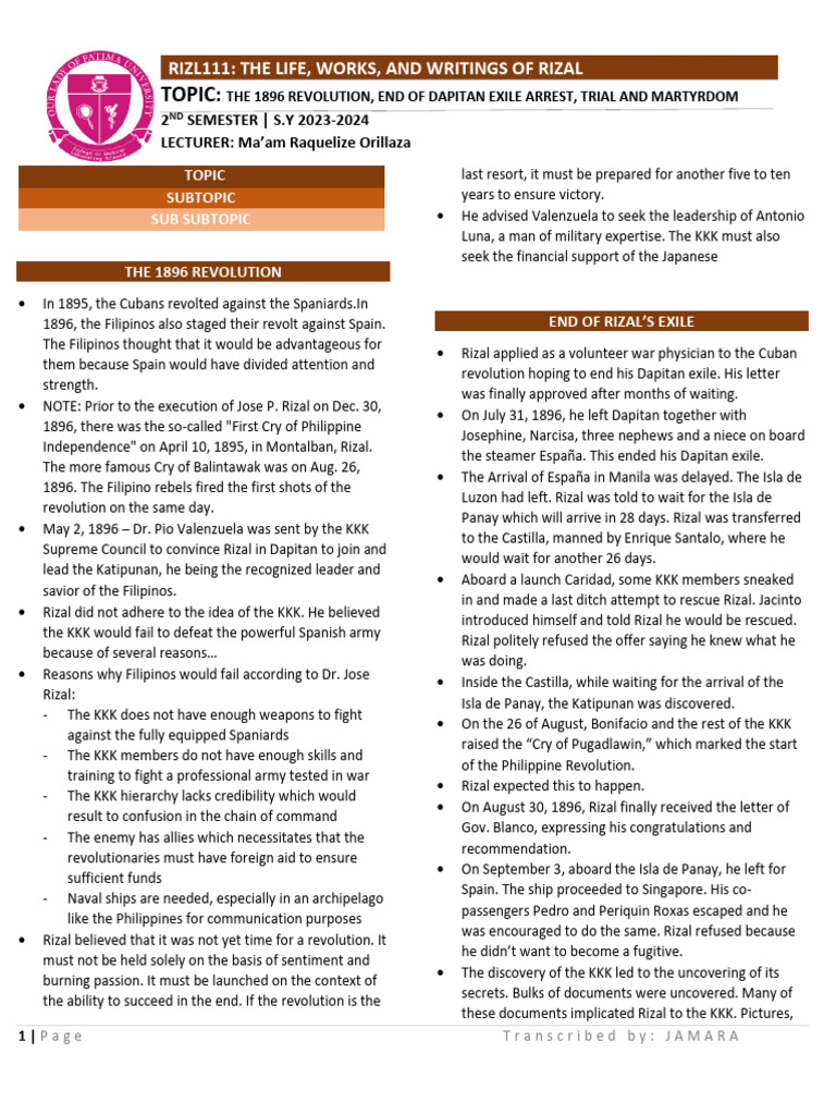 5 - The 1896 Revolution, End of Dapitan Exile, Rizal's Arrest, Trial ...