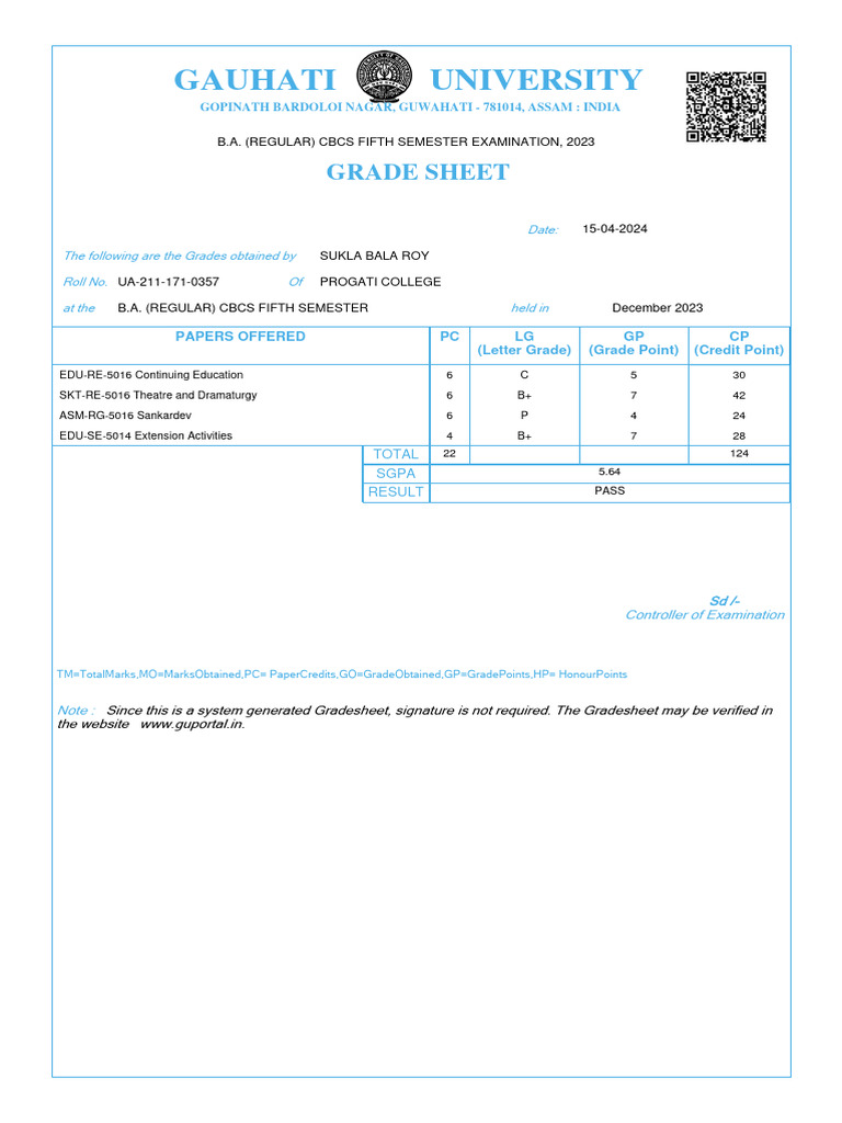 Gradesheet UG CBCS Hons New | PDF