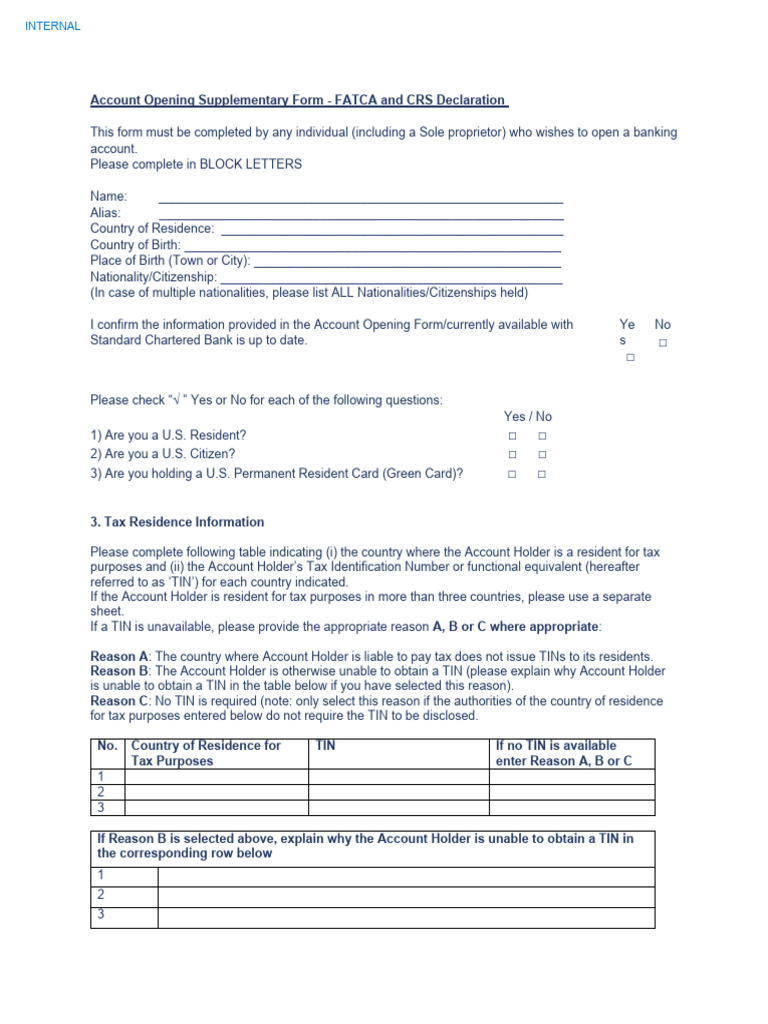 Account Opening Supplementary Form - FATCA and CRS Declaration ...