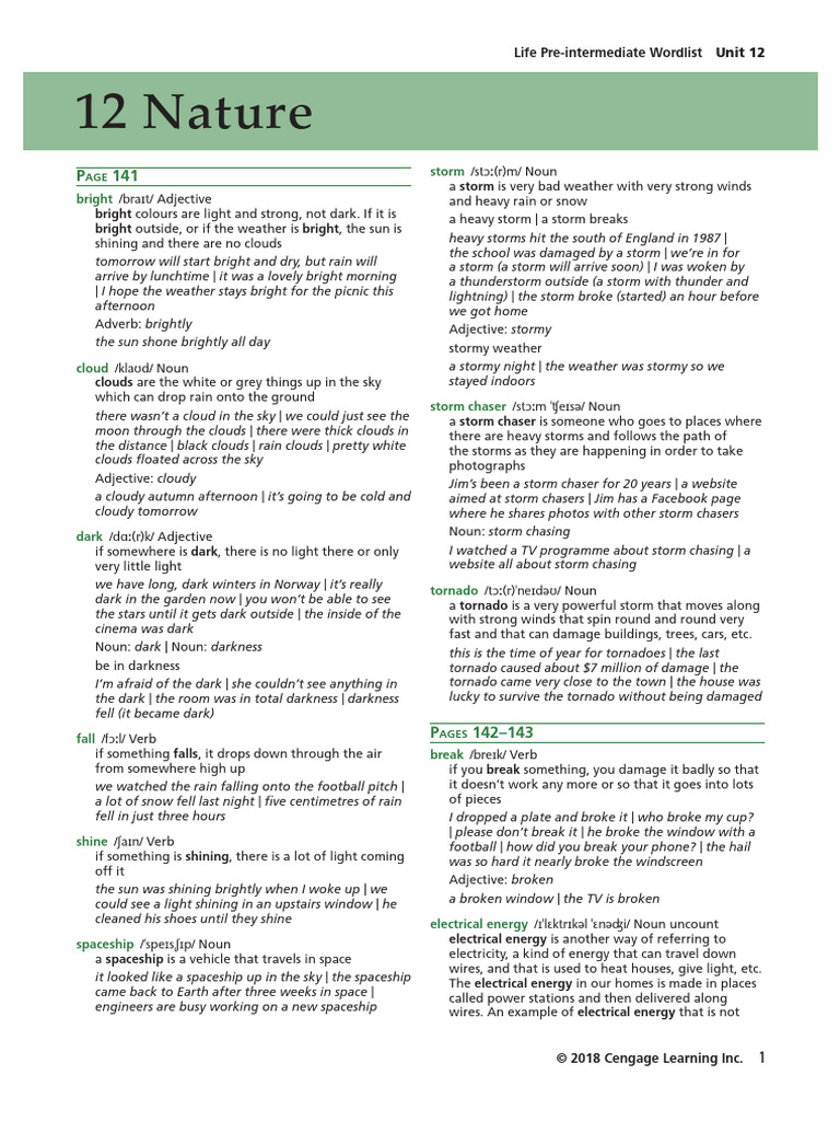 Life Pre-Int Wordlist Unit 12 | PDF | Elephant | Storms