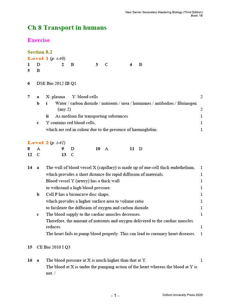 Dse Bio Ch8 & Cross Topic Ans | PDF | Blood | Vein