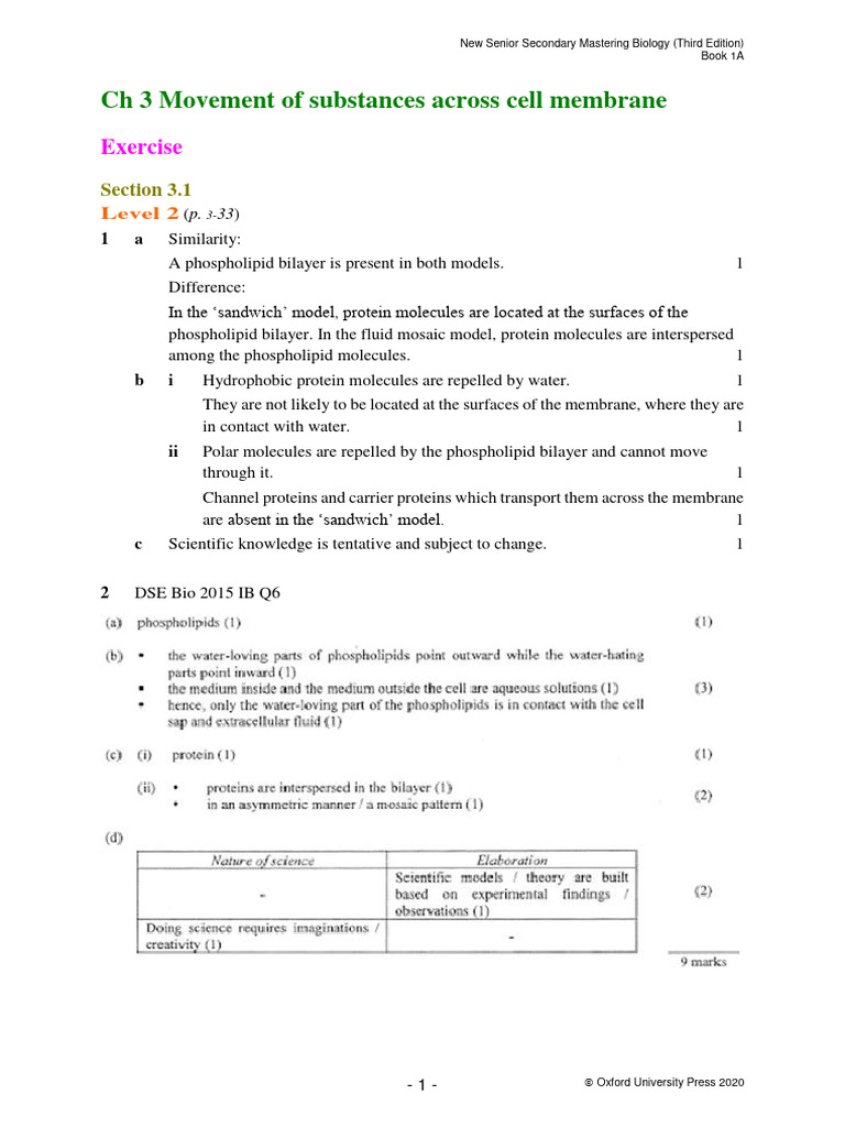 DSE_BIO_CH3_ANS | PDF | Cell Membrane | Lipid Bilayer