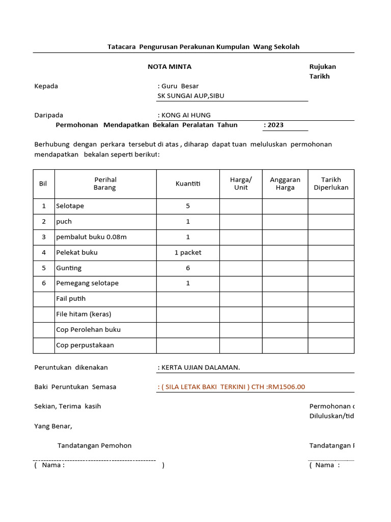 Nota Minta RBT 1 2023 | PDF
