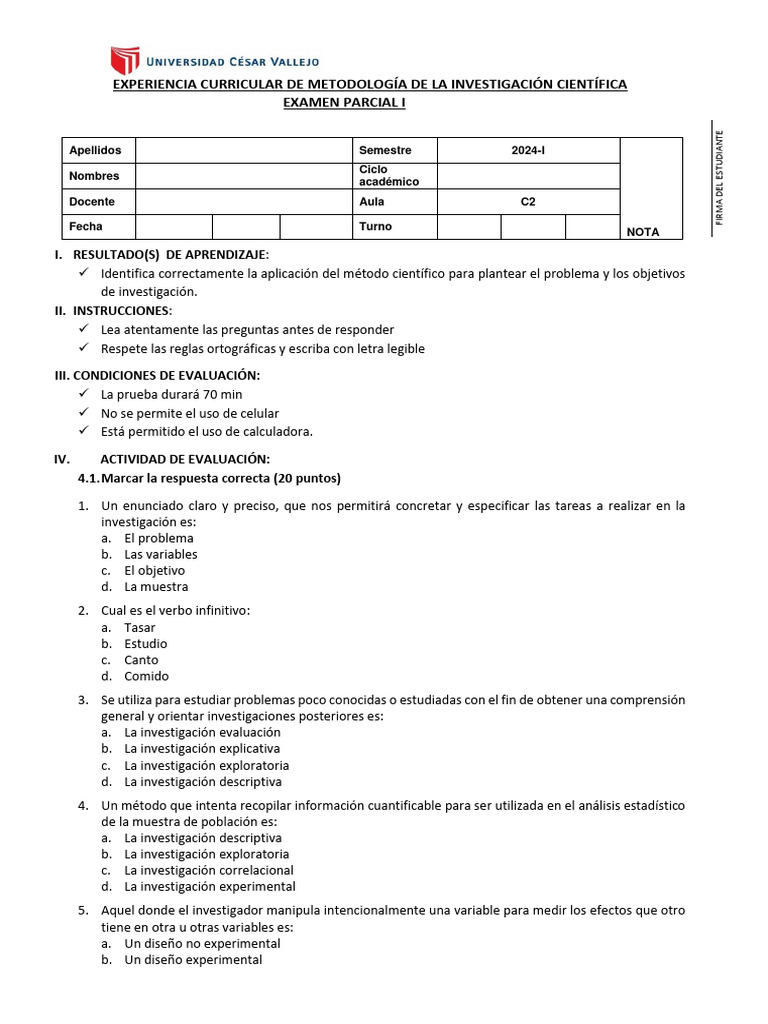 Examen Parcial Metodología Investigación 2024 | PDF | Teoría | Método ...