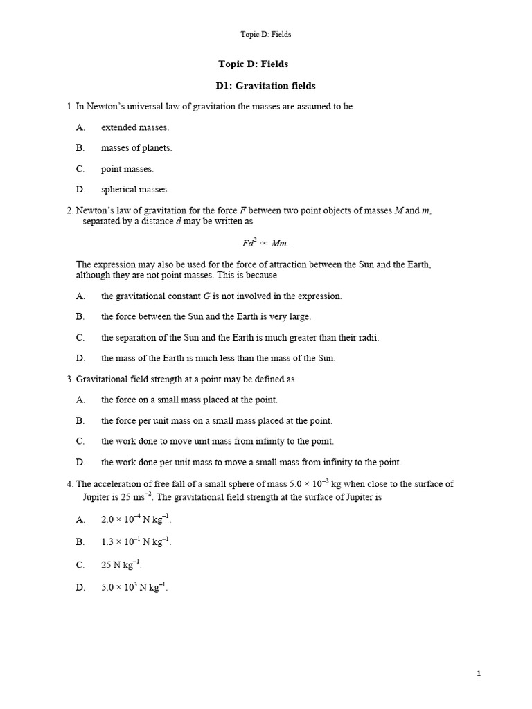 Topic D Worksheet | PDF | Orbit | Mass