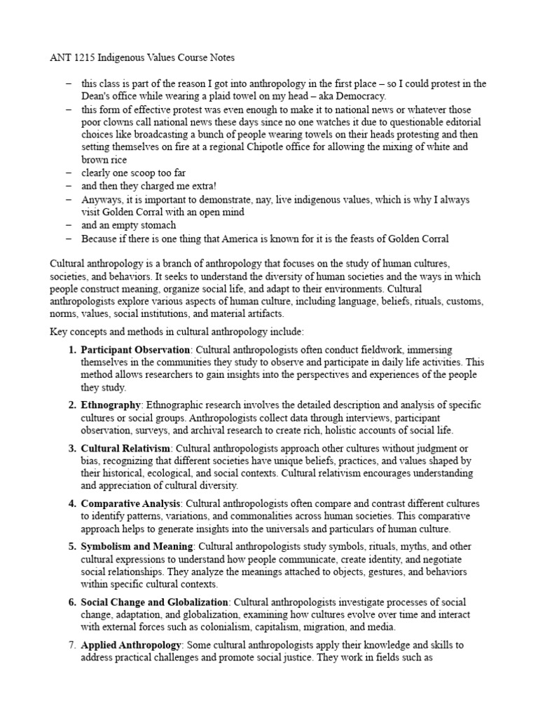 ANT1215 Indigenous Values Course Notes | PDF | Anthropology | Cultural ...