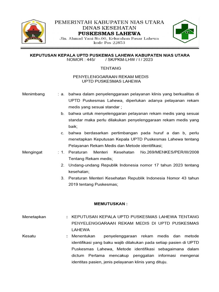 SK Penyelenggaraan Rekam Medik | PDF