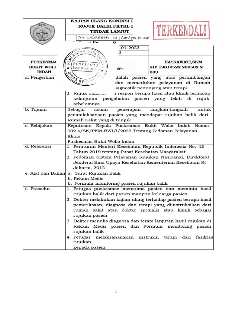 SOP Kajian Ulang Kondisi Pasien Rujuk Balik FKTRL Dan Tindak Lanjut | PDF