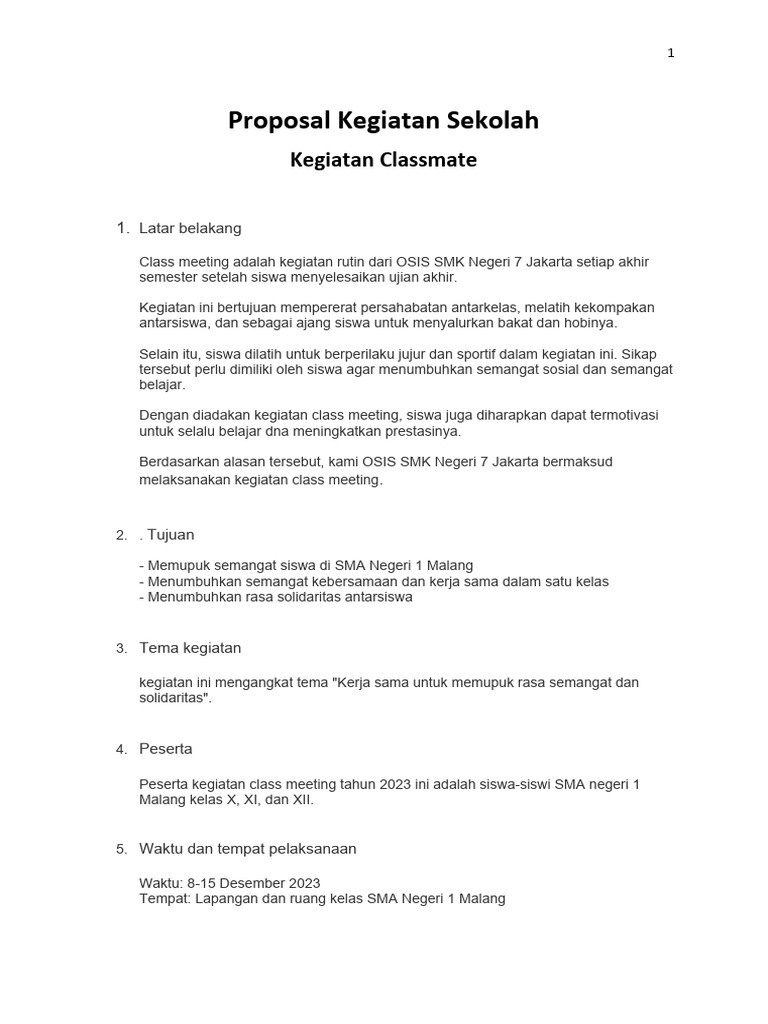 Proposal Kegiatan Class Meeting SMK 2023 | PDF