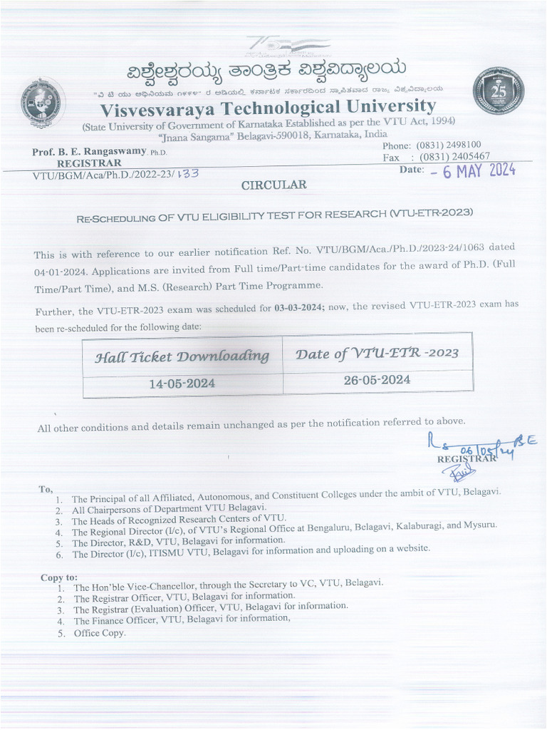 VTU ETR Circular | PDF