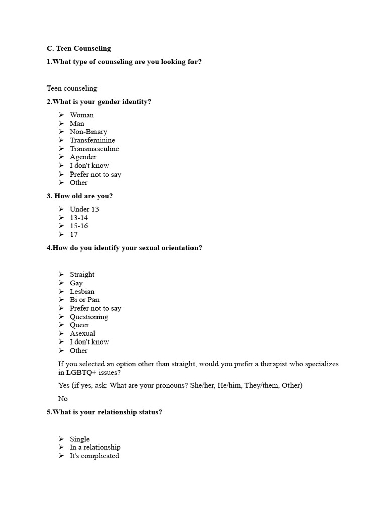Teen Counseling Intake Form | PDF | Psychotherapy | Abnormal Psychology