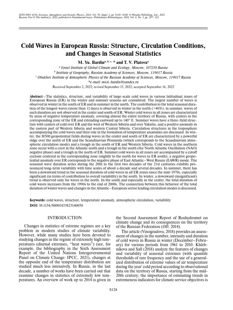 Cold Waves in European Russia Structure, Circulation Conditions and Changes in Seasonal ...