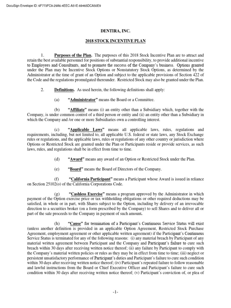 Dentira - 2018 Stock Incentive Plan | PDF | Option (Finance) | Employee ...