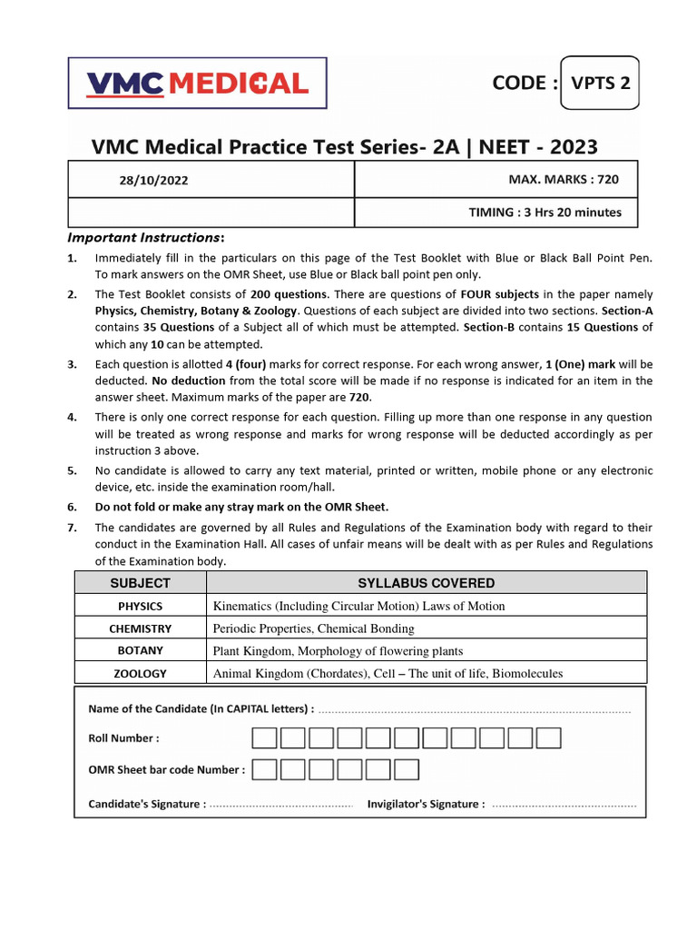 Medical (VPTS-2A) Practice Test Series-2 (Phase-A) (28!10!2022 ...