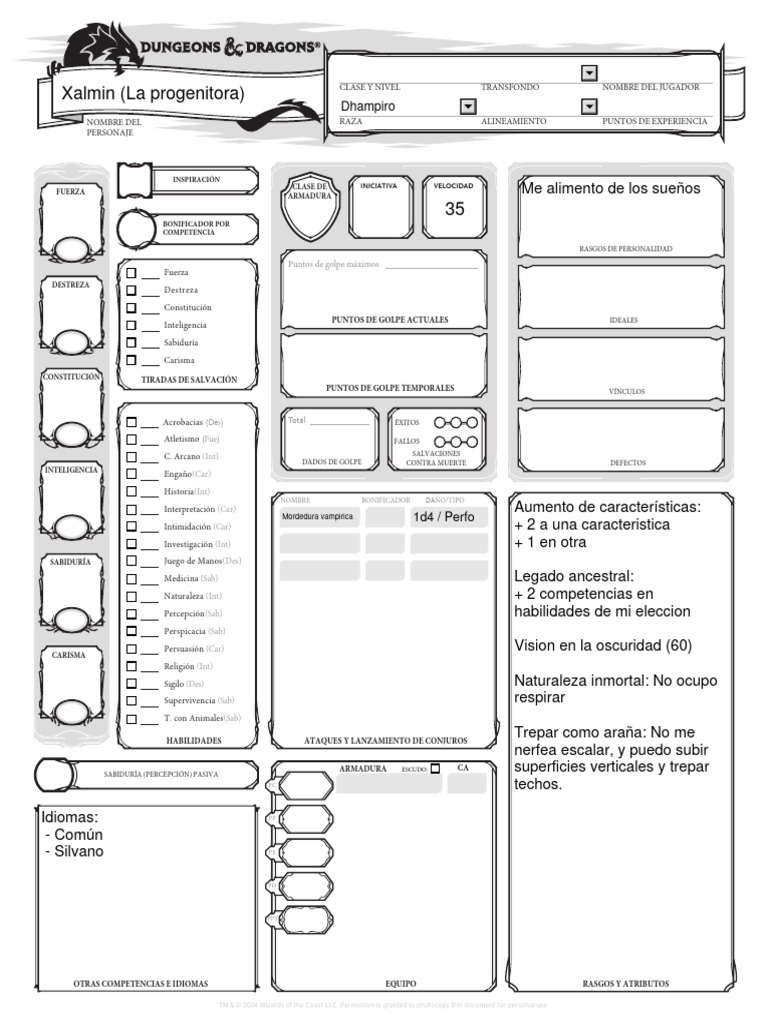 Ficha de Personaje Dhampiro para RPG | PDF
