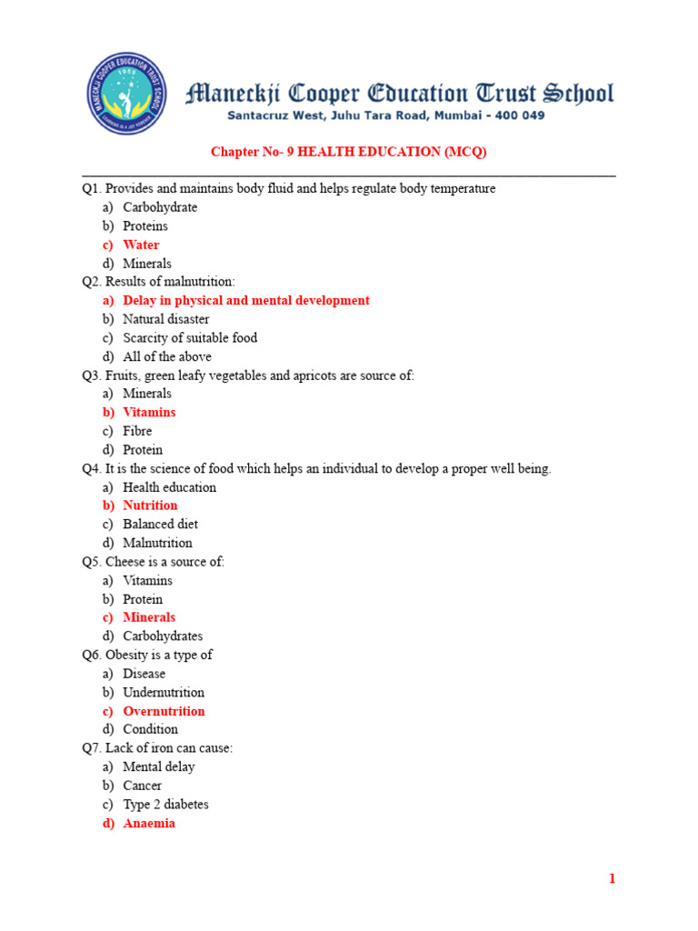 MCQs on Health Education and Nutrition | PDF | Malnutrition | Foods