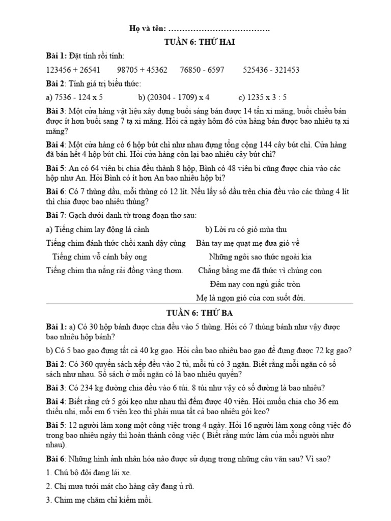 Phieu Bai Tap Cuoi Tuan 6 | PDF