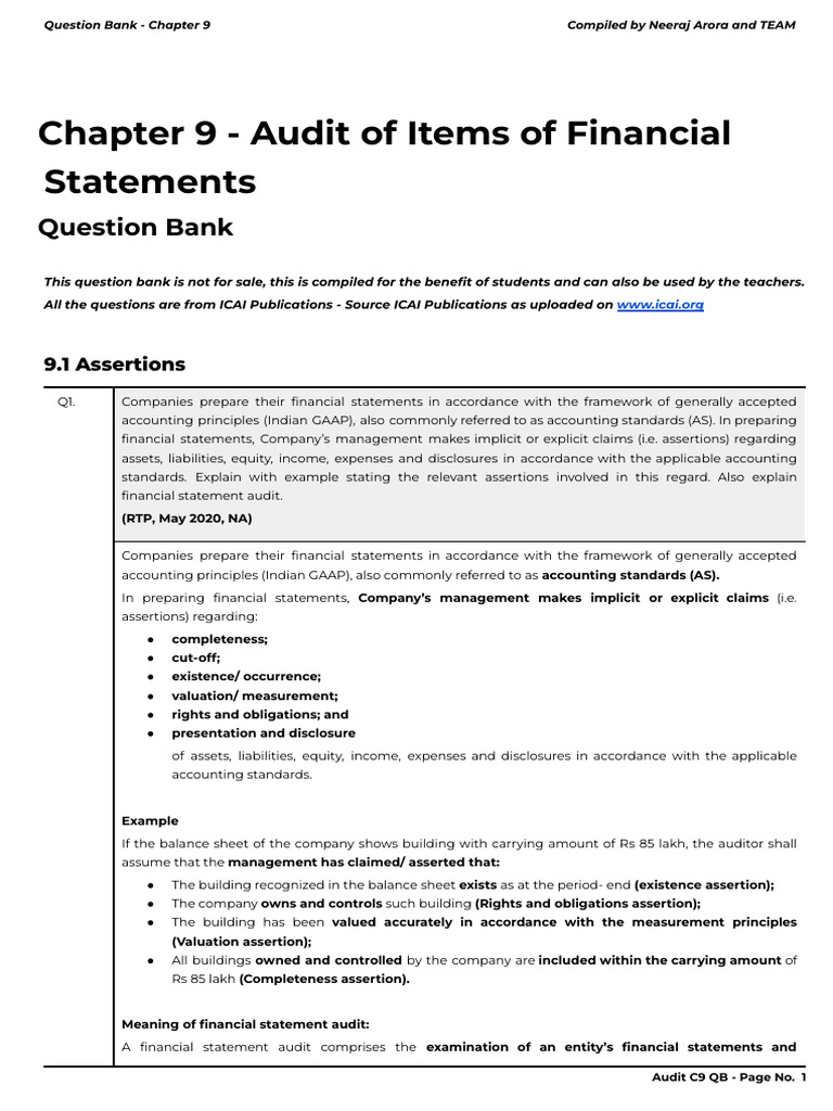 C9 Audit Question Bank | PDF | Financial Statement | Loans