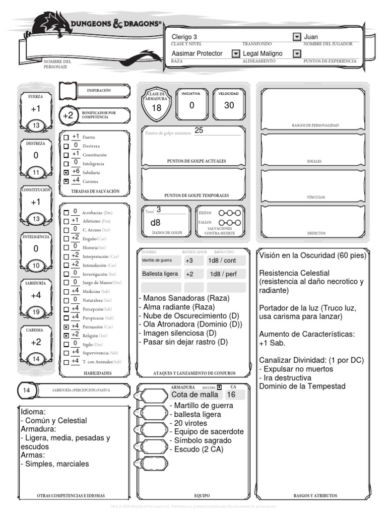 Ficha de Personaje: Clérigo Aasimar | PDF | Sonido