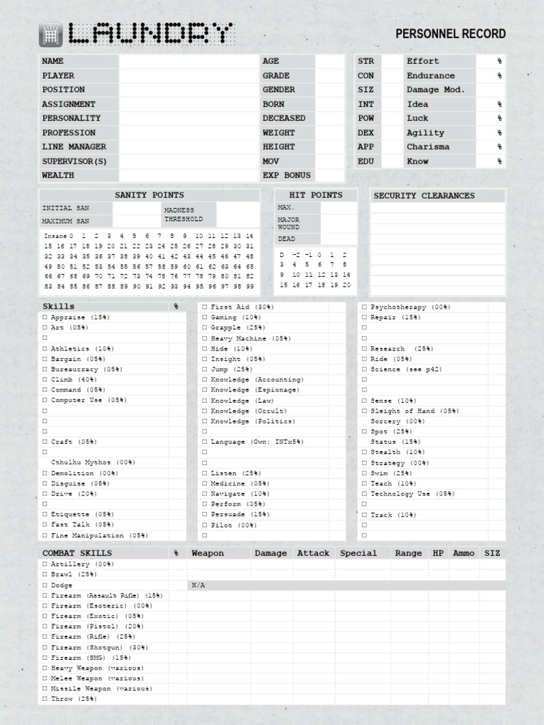 Basic Roleplaying - Laundry - Character Sheet | PDF | Firearms | Ballistics