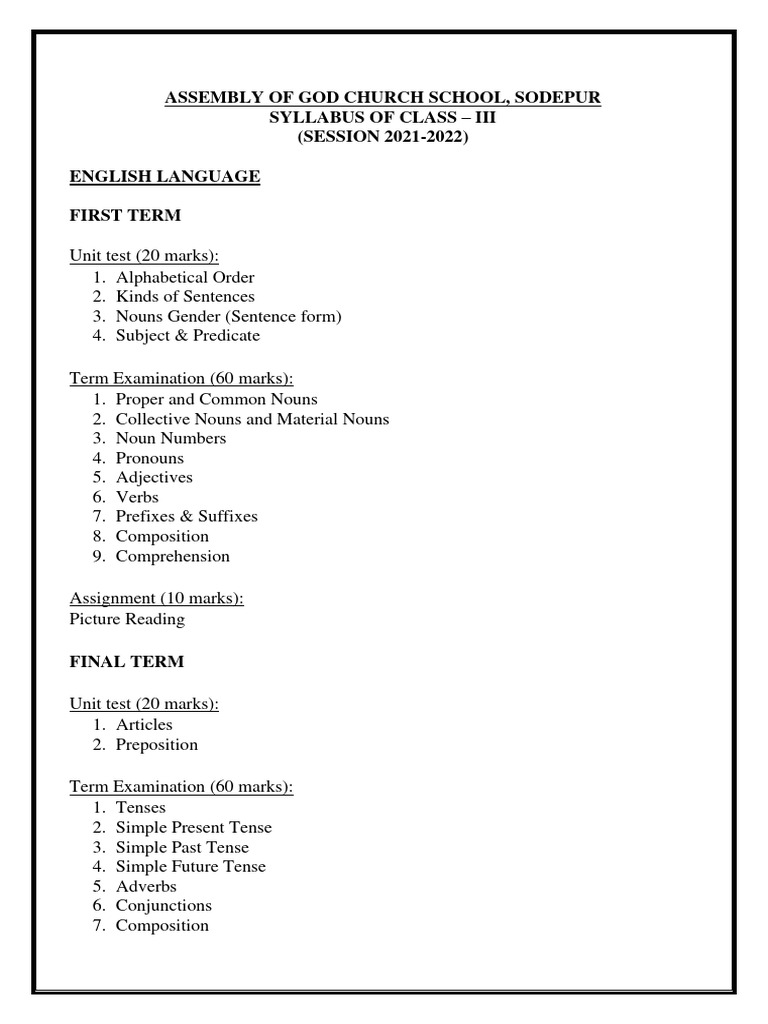 Agcsdp Syllabus 2021-22 Class III | PDF | Noun | Grammatical Tense