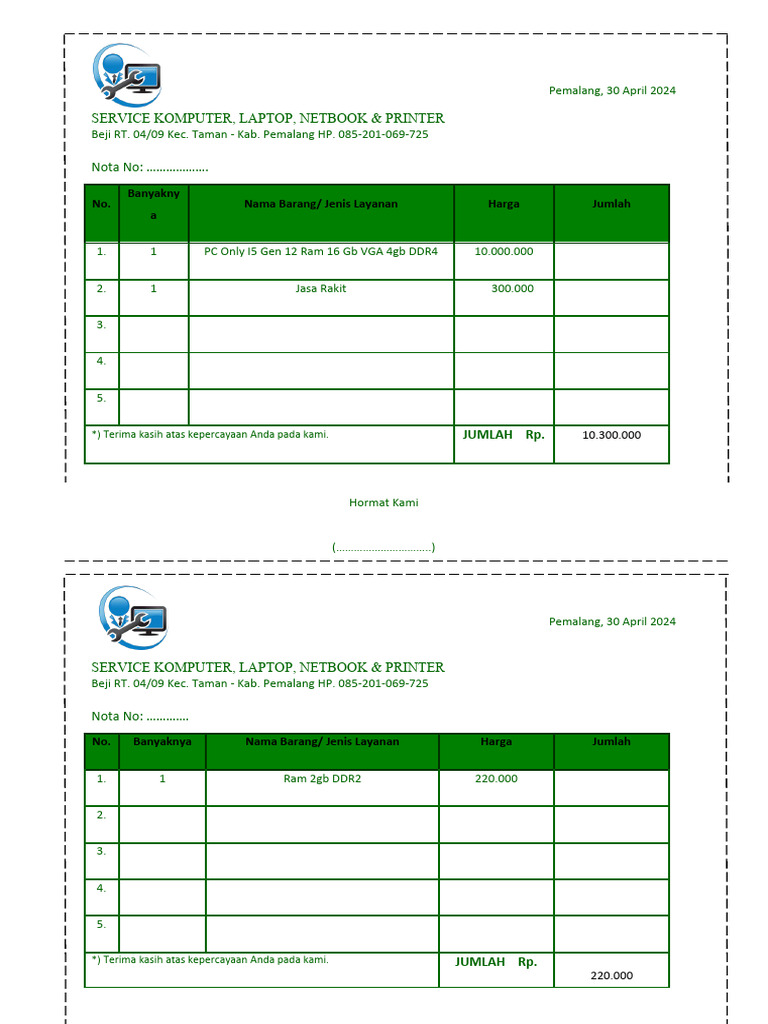 Nota Service Laptop dan Komputer 2024 | PDF