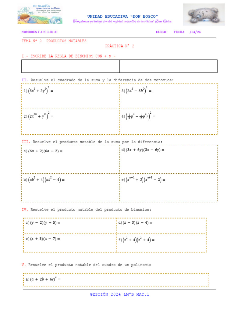 2 Pr-Ctica 2 Tema N - 2 Productos Notables | PDF | Álgebra | Álgebra abstracta