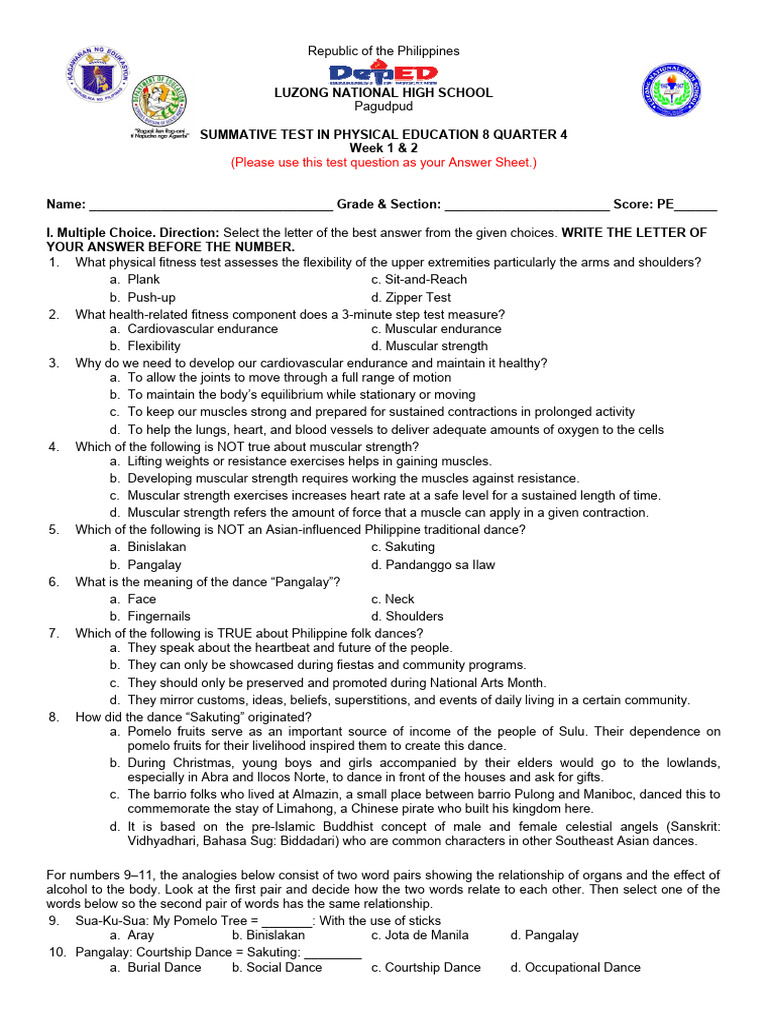PE8-Q4-M1-2-Summative Assessment | PDF | Strength Training | Physical ...