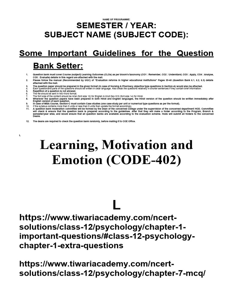 Question Bank Guidelines for Learning, Motivation, and Emotion | PDF ...