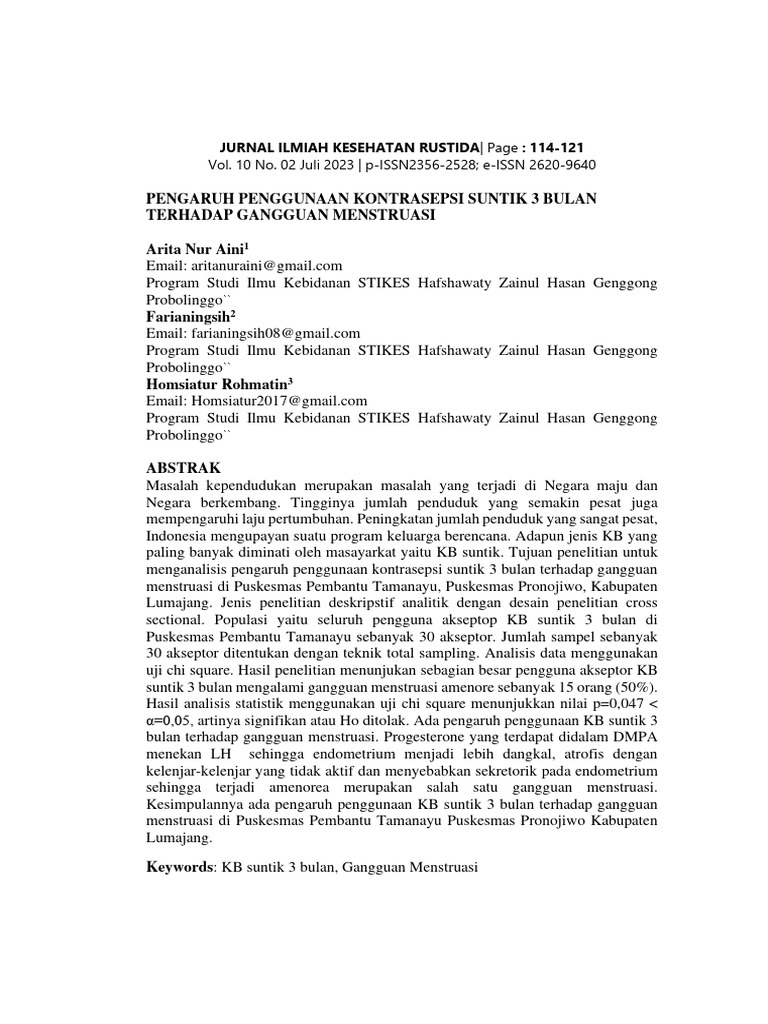 Pengaruh Penggunaan Kontrasepsi Suntik 3 Bulan Terhadap Gangguan Menstruasi Arita Nur Aini | PDF ...