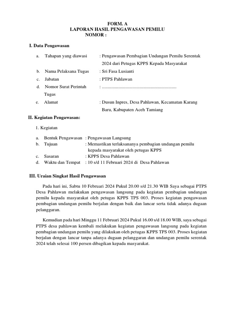 Form A Pengawasan Pembagian Undangan - PTPS Sri Fasa Lusianti | PDF | Hukum