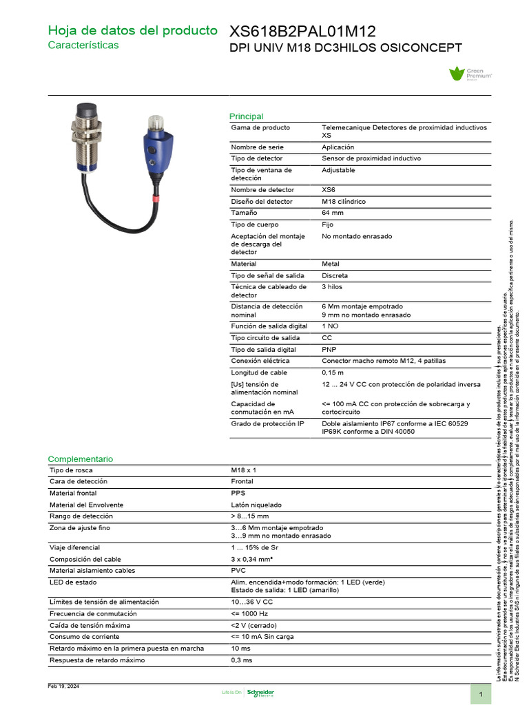 Ficha Técnica Sensor Inductivo Ref. XS618B2PAL01M12 | PDF | Sensor | Diodo emisor de luz