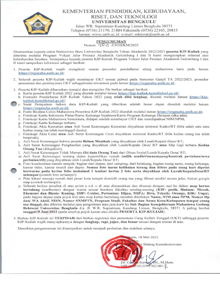 Pengumuman Persyaratan KIP K Program Vokasi Jalur Prestasi Gel 1 Dan 2 TH 2022 | PDF