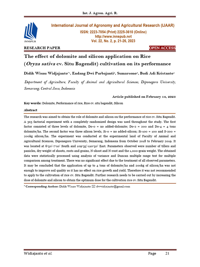 The Effect of Dolomite and Silicon Application On Rice (Oryza Sativa Cv ...