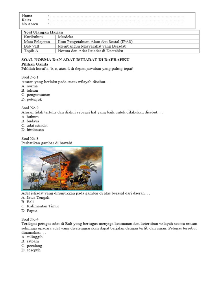Soal IPAS Kelas 4 Bab 8 Sub Bab 1 Norma Dan Adat Istiadat Di Daerahku | PDF