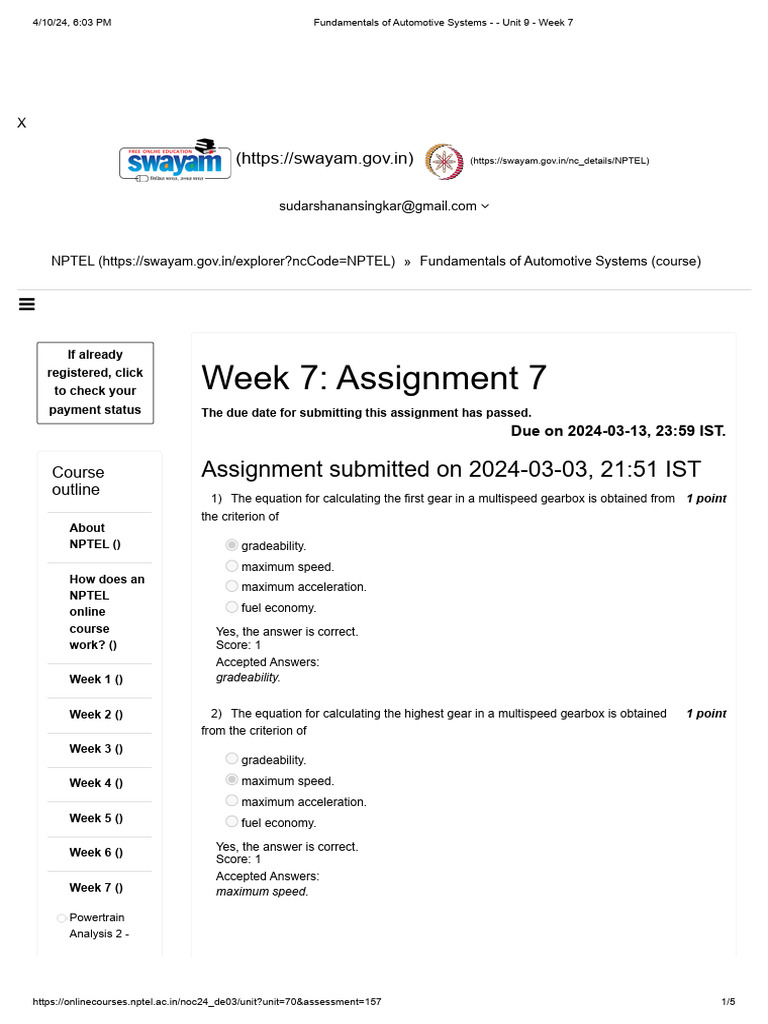 Week 7: Assignment 7: Assignment Submitted On 2024-03-03, 21:51 IST | PDF | Brake | Vehicle ...