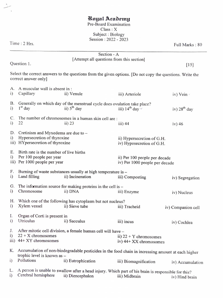 Biology Pre-Board Examination | PDF | Nerve | Plants