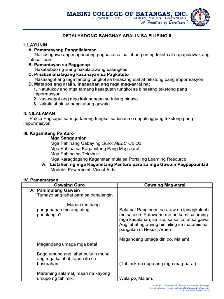 DETALYADONG BANGHAY ARALIN SA FILIPINO 6 Mrs. Loida Pulhin | PDF