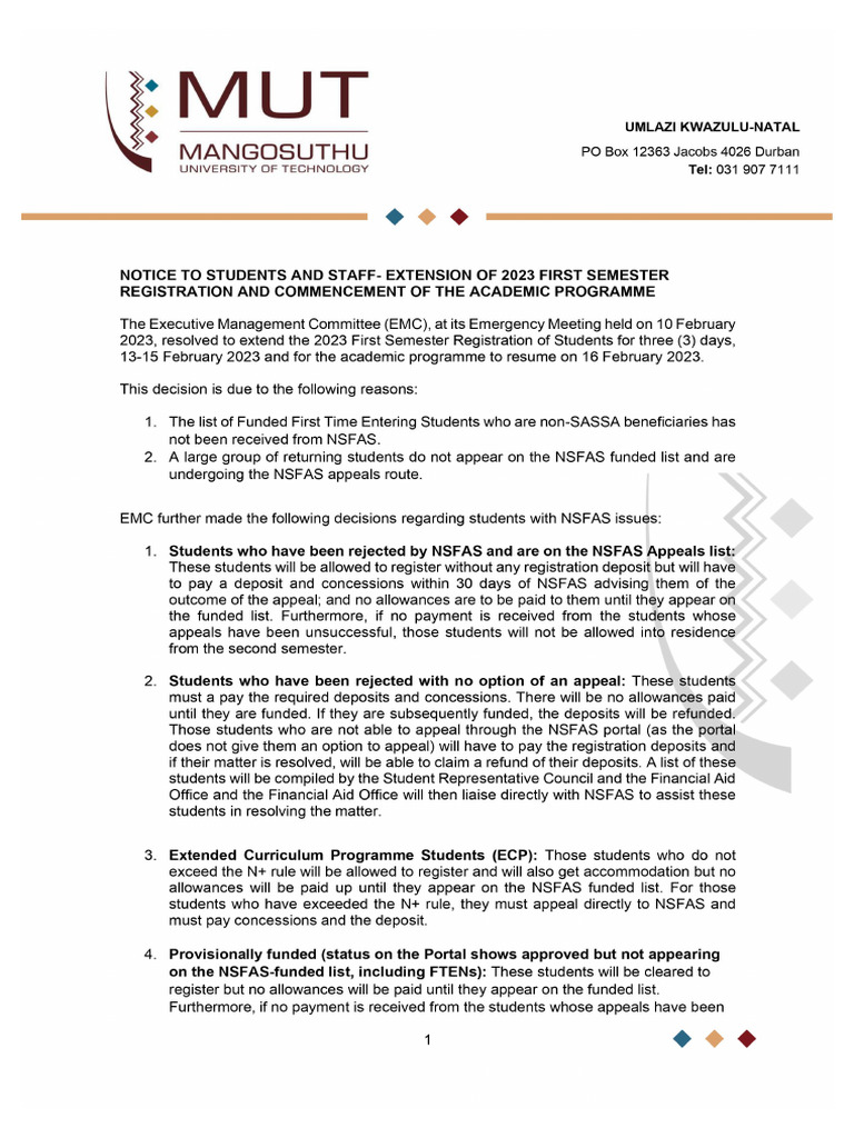 Notice To Students and Staff Extension of 2023 First Semester ...