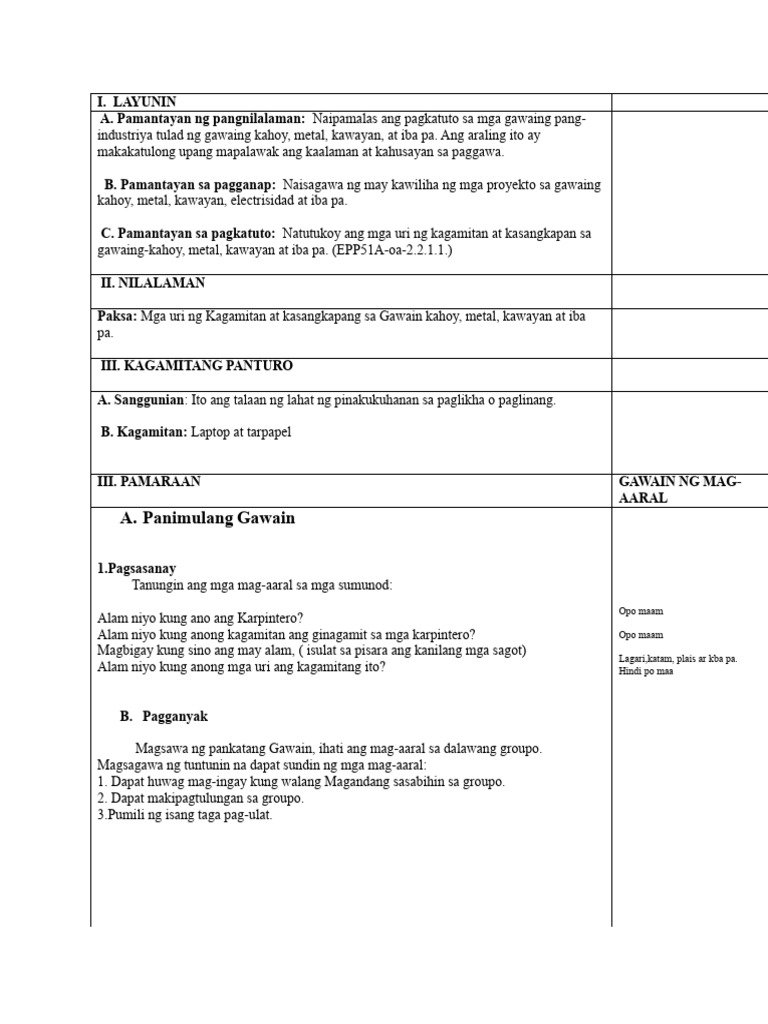 Lesson Plan EPP Grade 1V Industrial Arts. | PDF