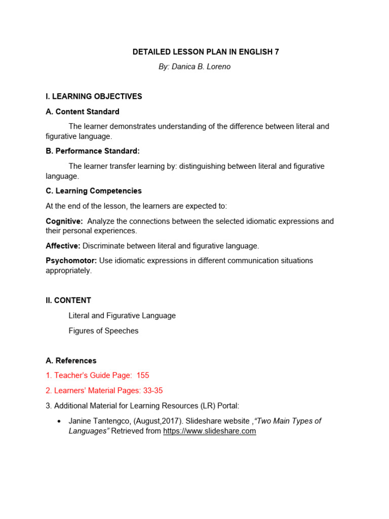 Lesson Plan-LORENO | PDF | Idiom | Semiotics Lesson Plan-LORENO | PDF | Idiom | Semiotics
