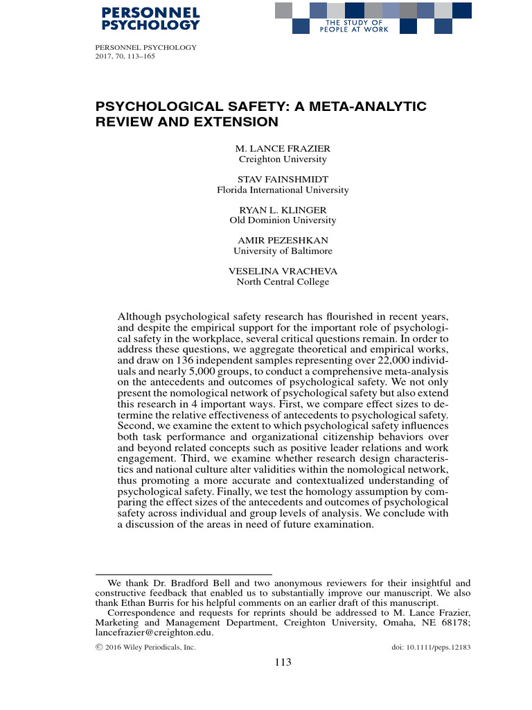 Personnel Psychology - 2016 - Frazier - Psychological Safety A Meta ...