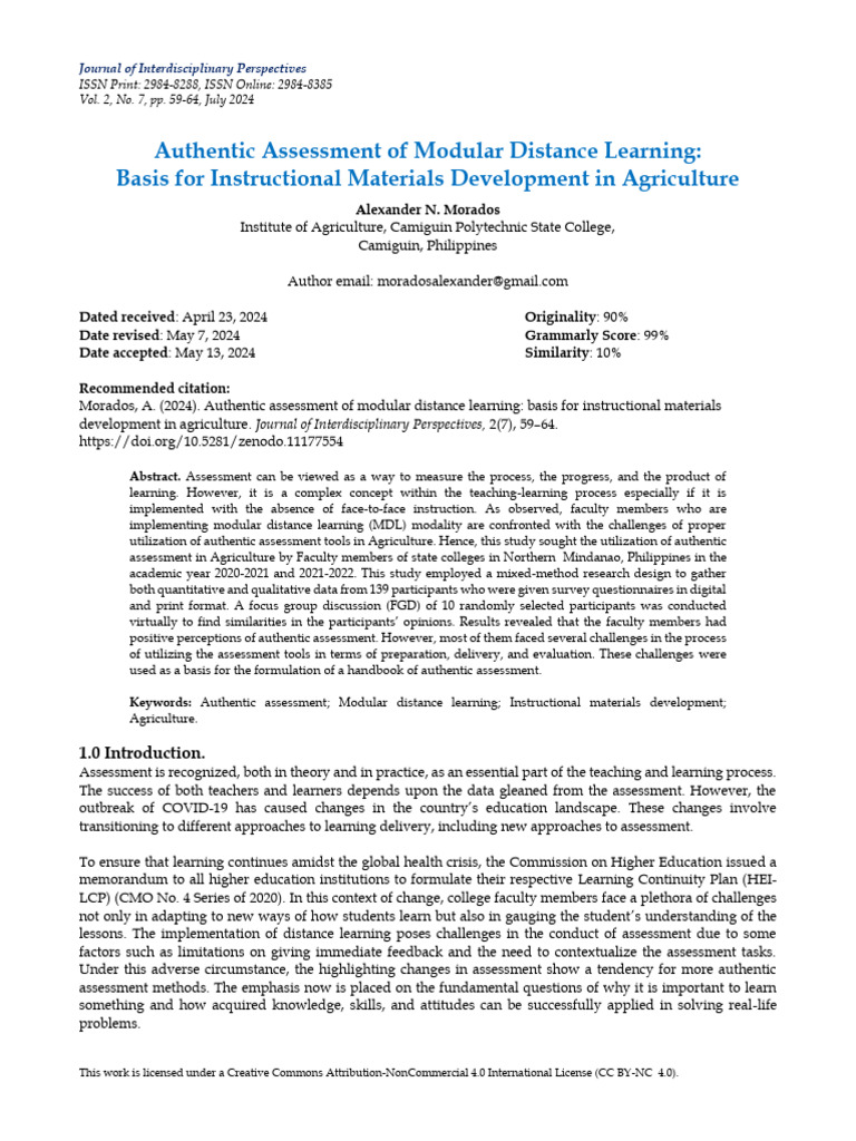 Authentic Assessment of Modular Distance Learning: Basis for Instructional Materials Development ...