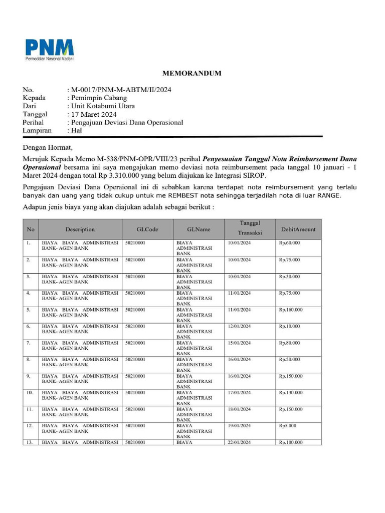 MEMO Pengajuan Deviasi Reimbursement Operasional Unit KTBU | PDF