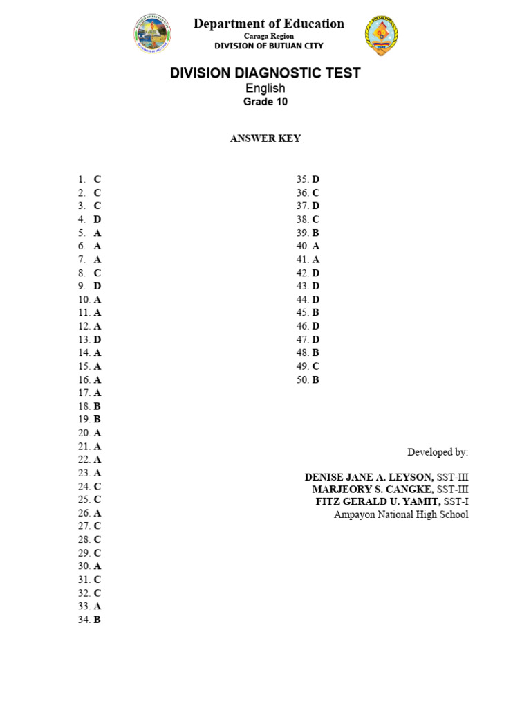 ENG10 DAT Answer Key | PDF