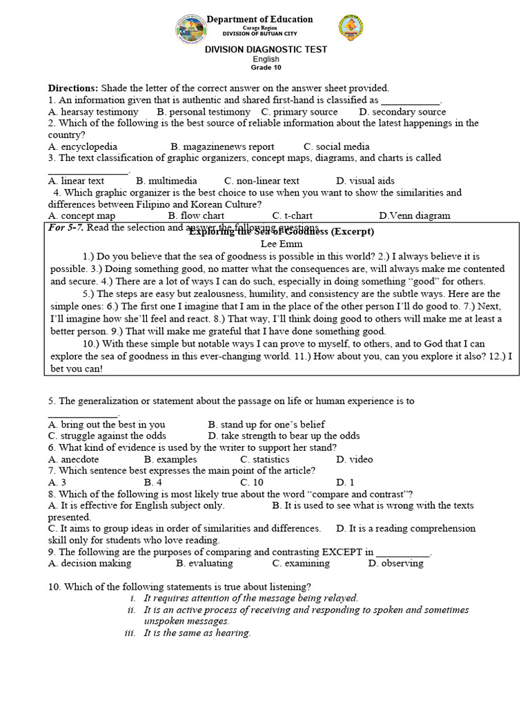 Grade 10 English Exam Overview | PDF | Essays | Narration