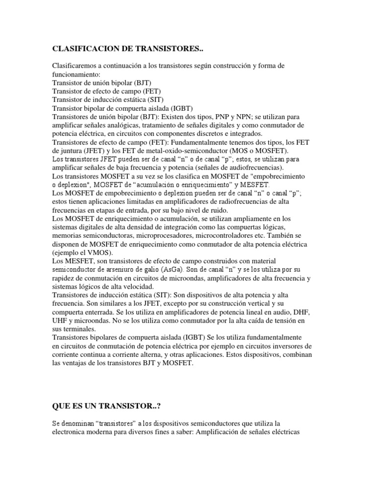 Clasificación de Transistores y Usos | PDF | Transistor | Transistor de ...