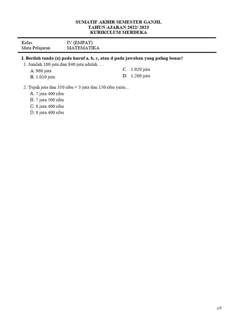 Soal Sumatif Matematika Kelas 4 Semester 1 | PDF
