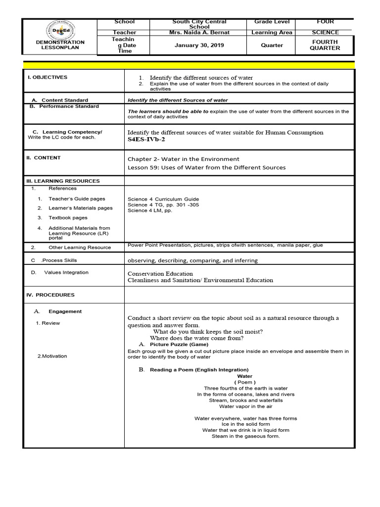 Grade 4 Science Water Sources Lesson Plan | PDF | Water | Groundwater