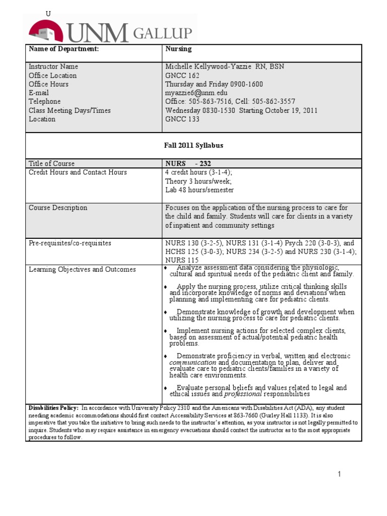 Peds Syllabus Nur Unm 232 Fall 11 | PDF | Test (Assessment) | Nursing